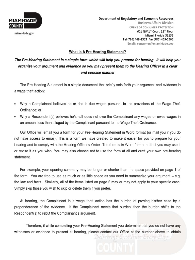 What Is A Pre-Hearing Statement | PDF | Evidence | Burden Of Proof (Law)