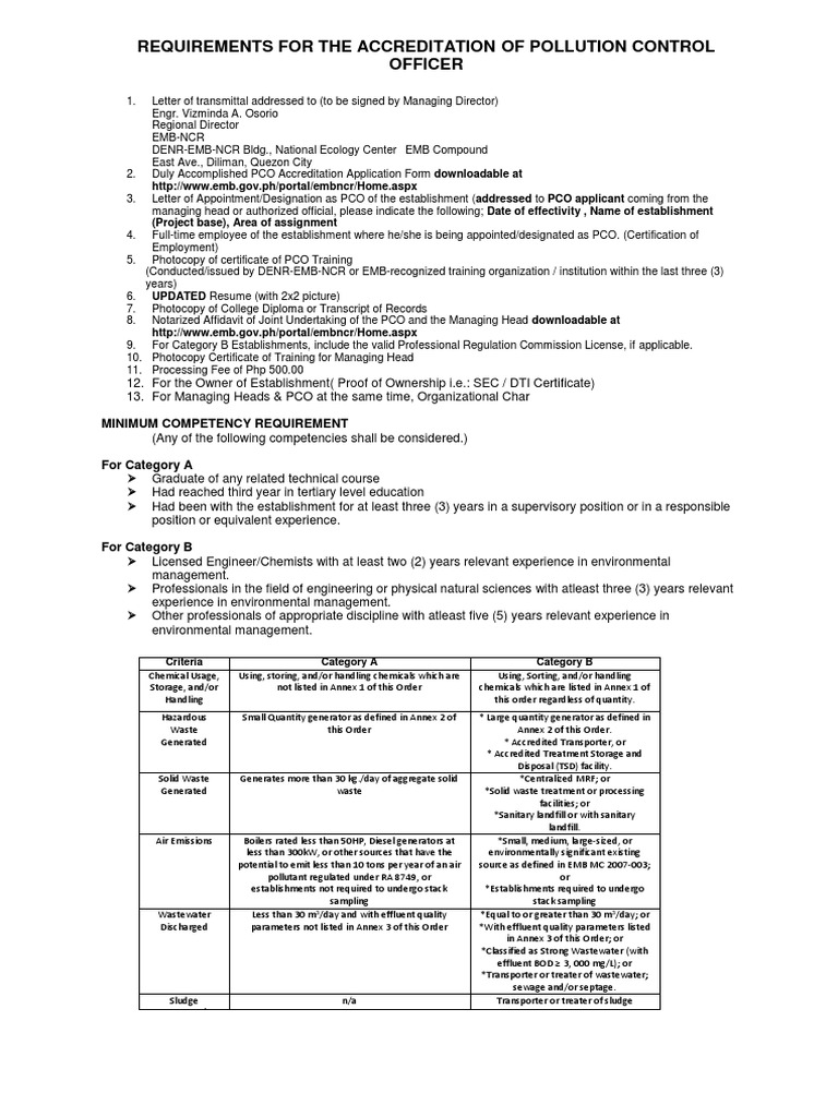 DENR Pollution Control Officer - List of Requirements | PDF | Municipal ...