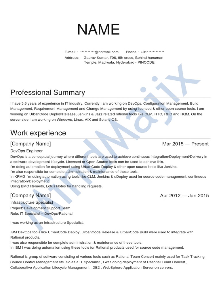 DevOps Sample Resume 1 | Ibm Db2 | Technical Support DevOps Sample Resume 1 | Ibm Db2 | Technical Support
