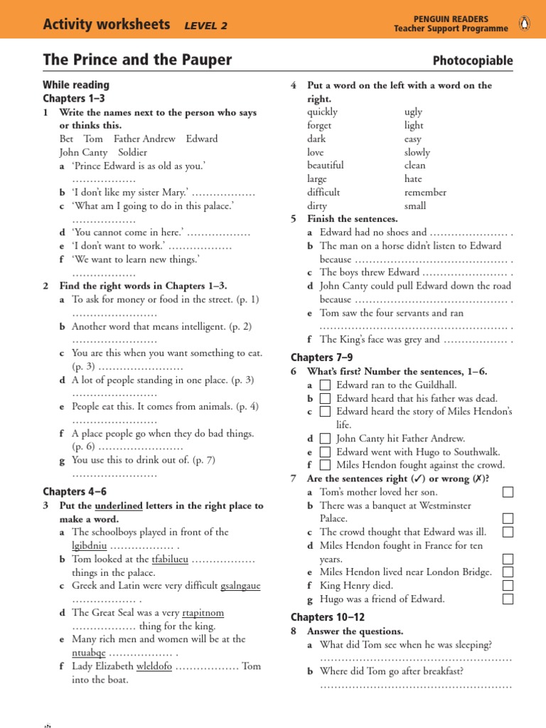 The Prince and the Pauper Worksheets | PDF | The Prince And The Pauper