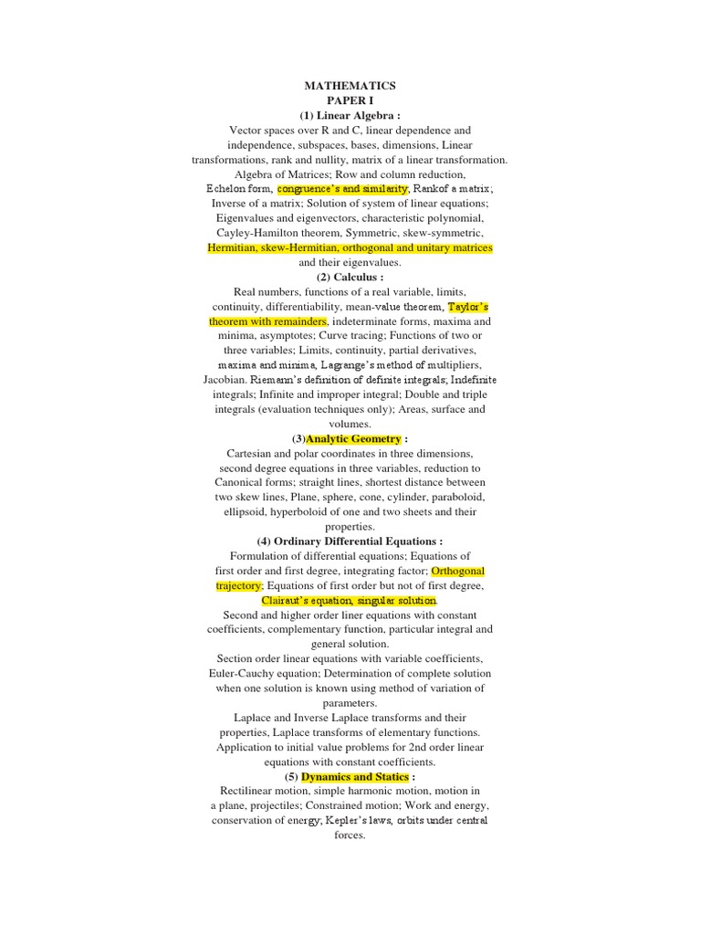 Mathematics Paper I (1) Linear Algebra | PDF | Equations | Integral