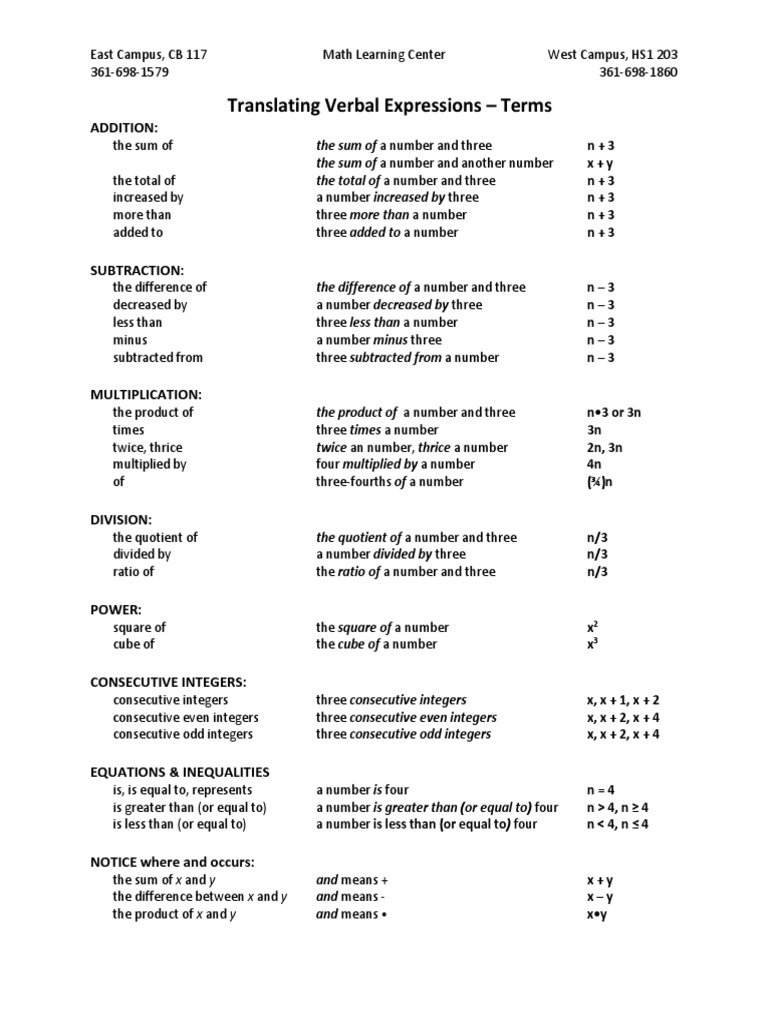 Translating Verbal Expressions PDF | PDF | Subtraction | Ratio