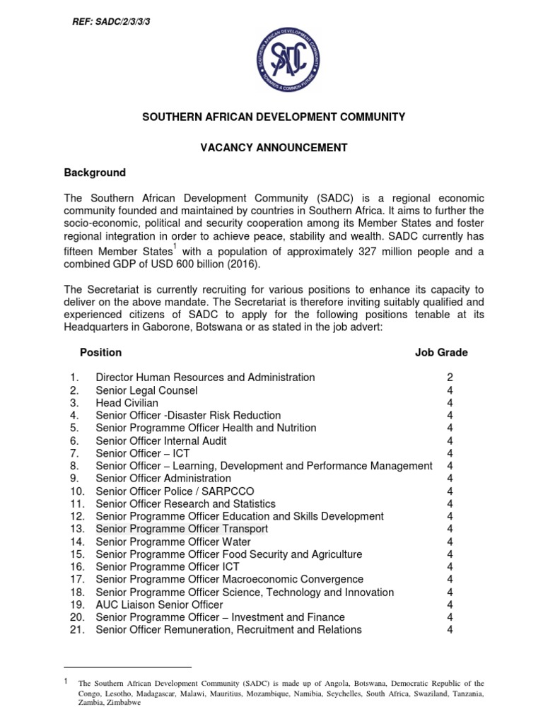 Vacancy Announcement: Southern African Development Community | PDF ...