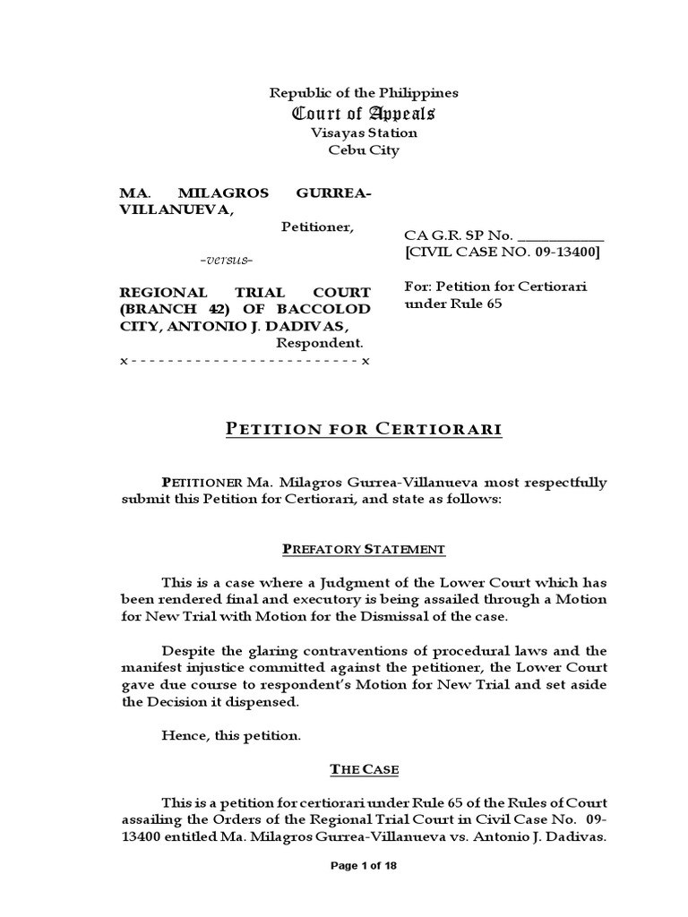 Petition for Certiorari: Gurrea-Villanueva vs. Dadivas | PDF | Service ...