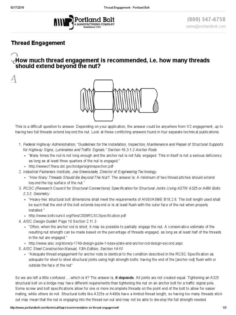 Thread Engagement - Portland Bolt | Nut (Hardware) | Screw