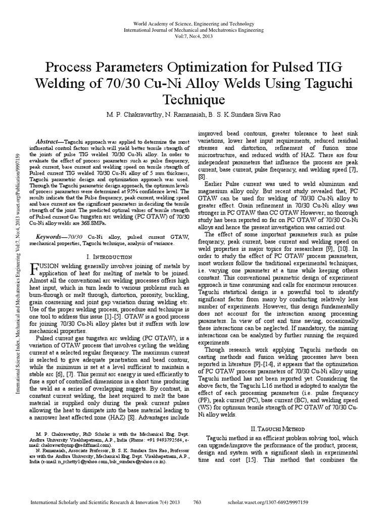 Process Parameters Optimization For Pulsed TIG Welding of 7030 Cu-Ni Alloy Welds Using Taguchi ...