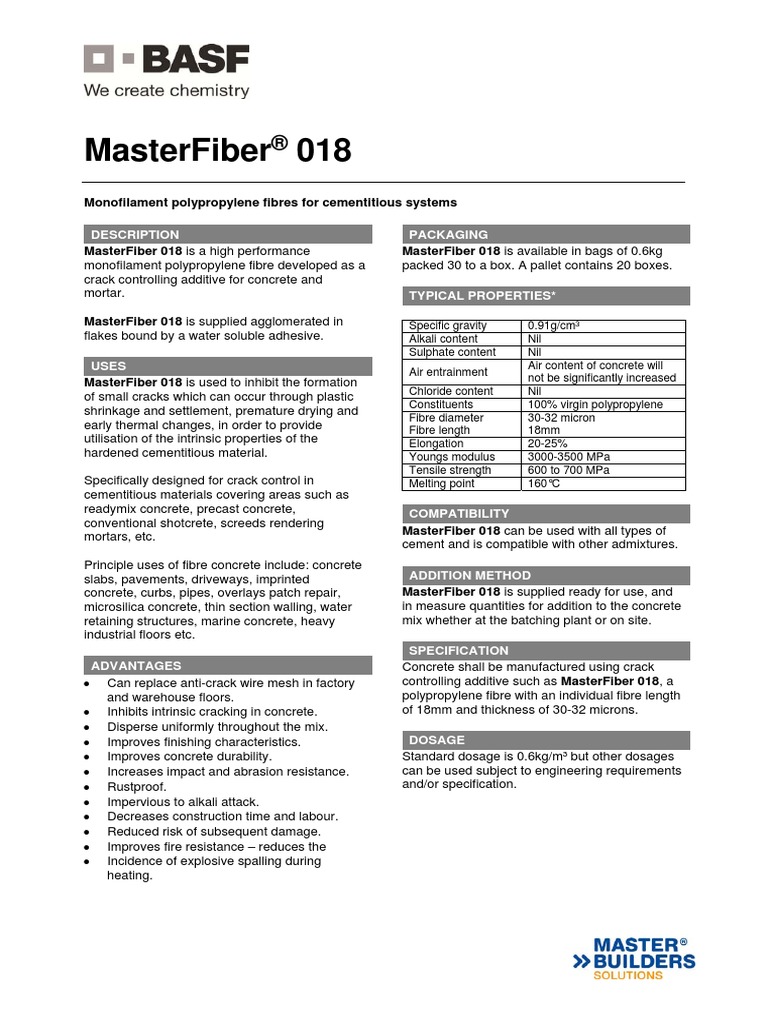 Basf Masterfiber 018 Tds | PDF | Concrete | Building Materials