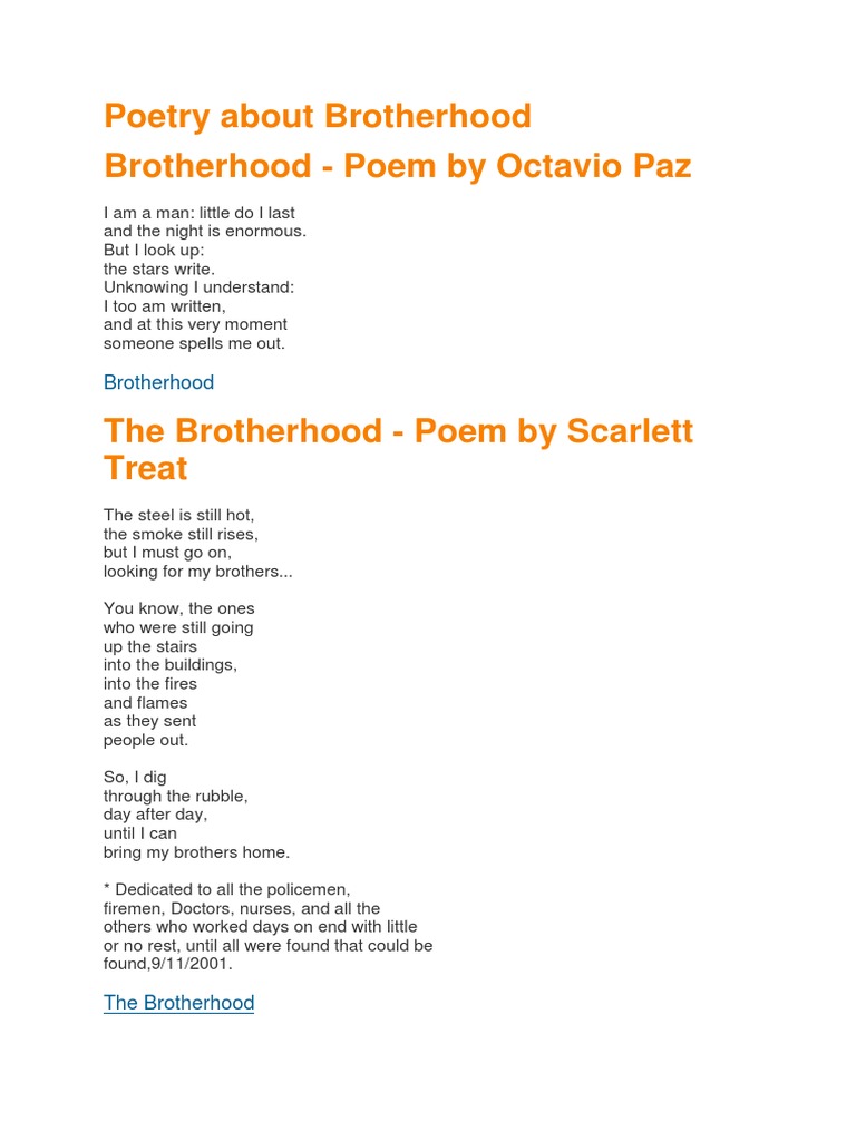 Poetry About Brotherhood Brotherhood - Poem by Octavio Paz | PDF