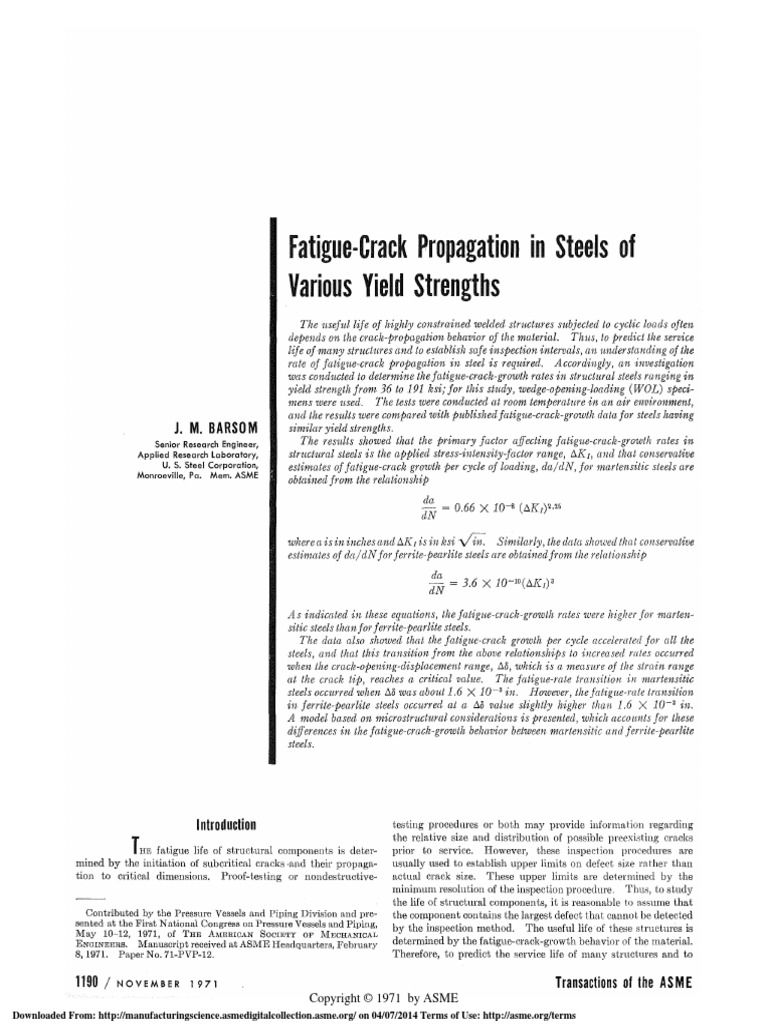 Fatigue Crack Propagation in Steels of Various Yield Strengths | PDF ...