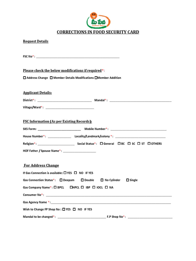 Corrections in Food Security Card - Application Form PDF | PDF