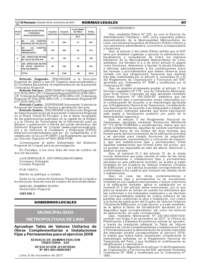 Aprueban Tabla de Valores Unitarios de Obras Complementarias Resolucion Jefatural No 001 004 ...