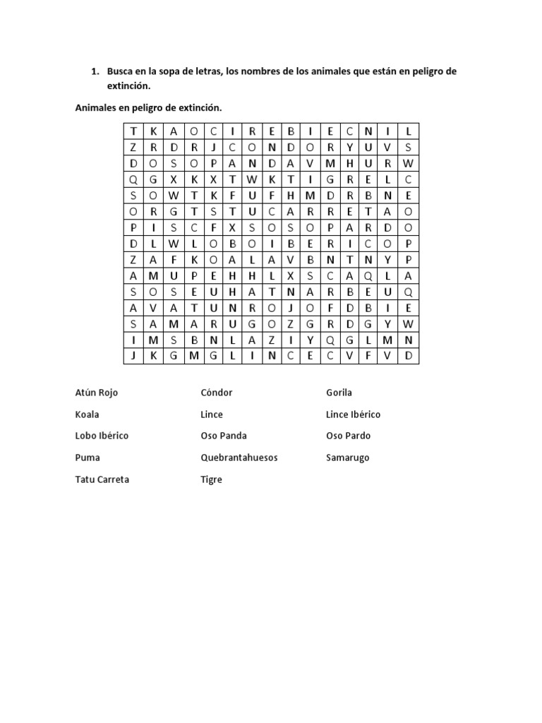 Sopa De Letras Animales En Extinción Pdf