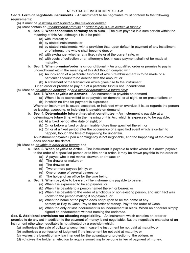 Sec 1. Form of Negotiable Instruments. - An Instrument To Be Negotiable ...