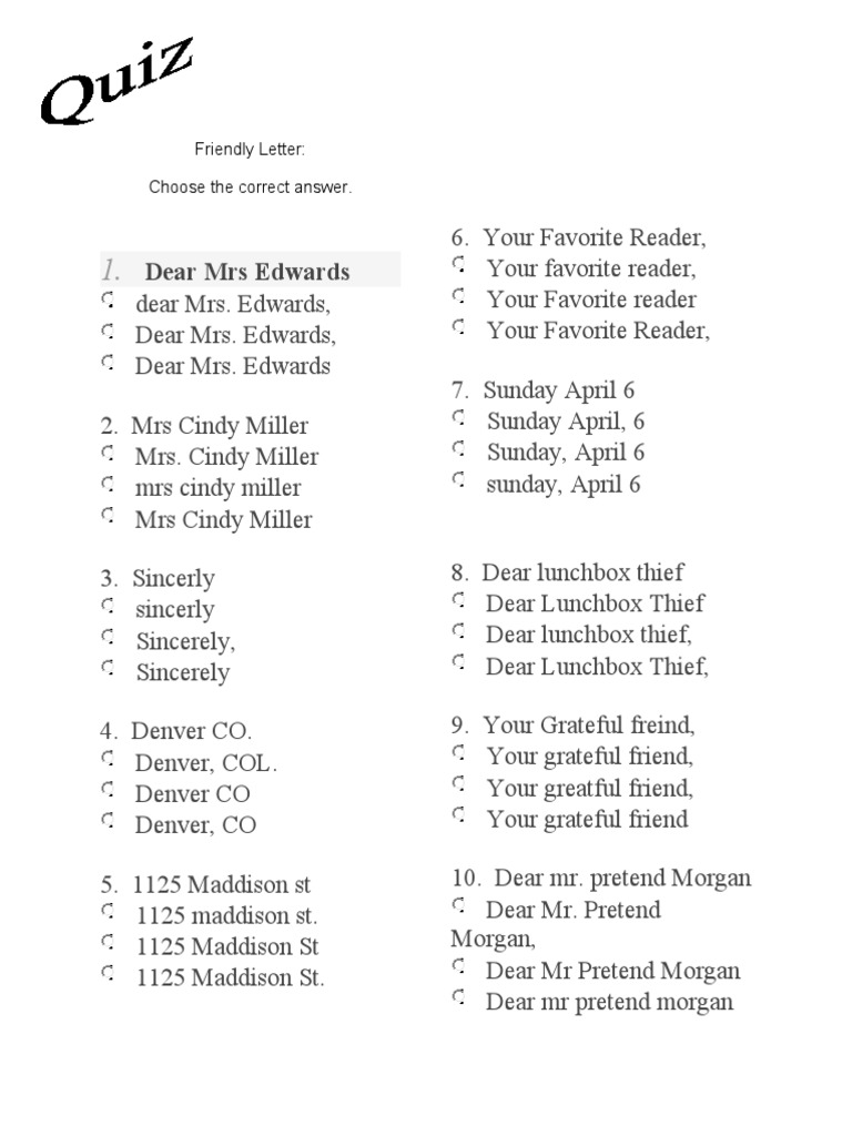 Friendly Letter Quiz | PDF | Cooking, Food & Wine