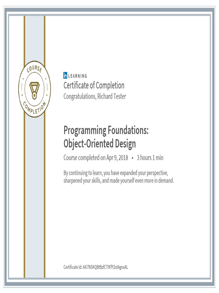 Programming Foundations: Object-Oriented Design: Certificate of ... Programming Foundations: Object-Oriented Design: Certificate of ...
