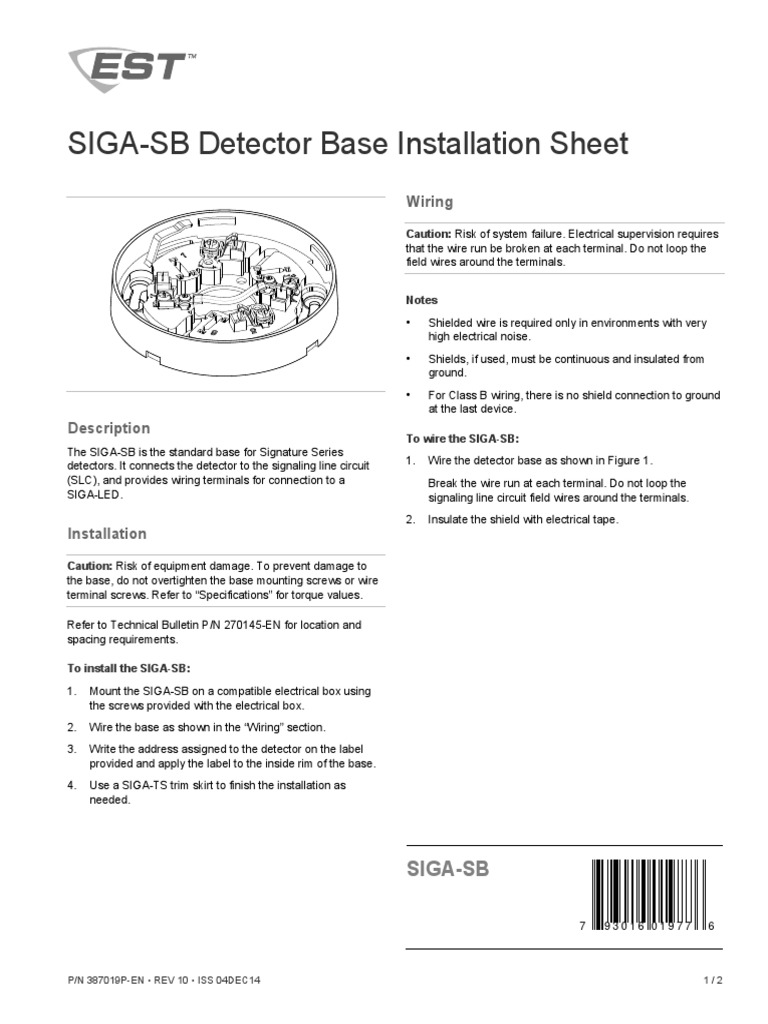 SIGA SB Detector Base Installation Sheet | PDF | Electrical Wiring | Wire
