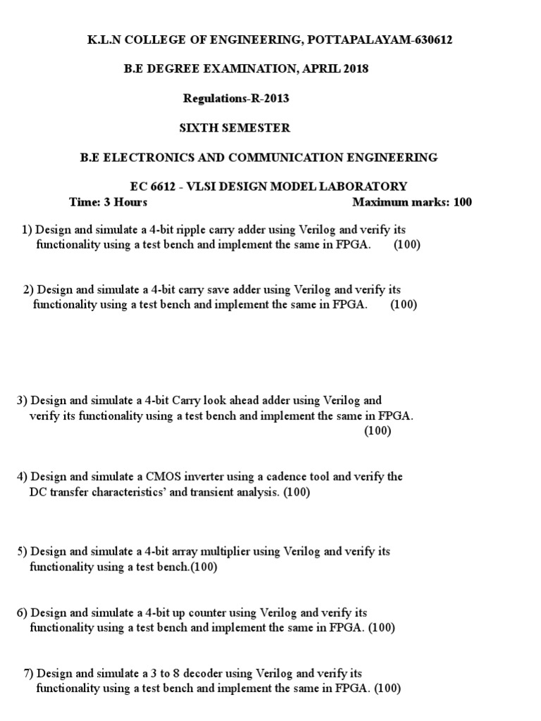 EC6612 VLSI DESIGN Laboratory Question Set | PDF | Field Programmable ...