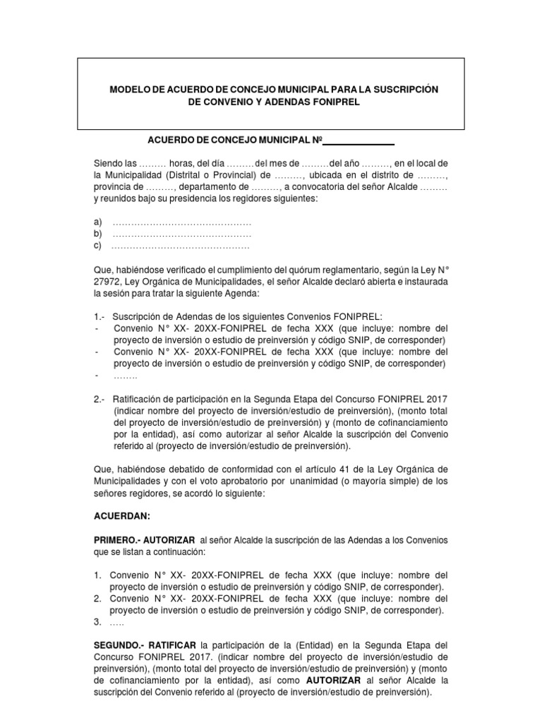 Modelo Adenda Acuerdo Concejo Municipal (2017-II) | PDF | Alcalde ...