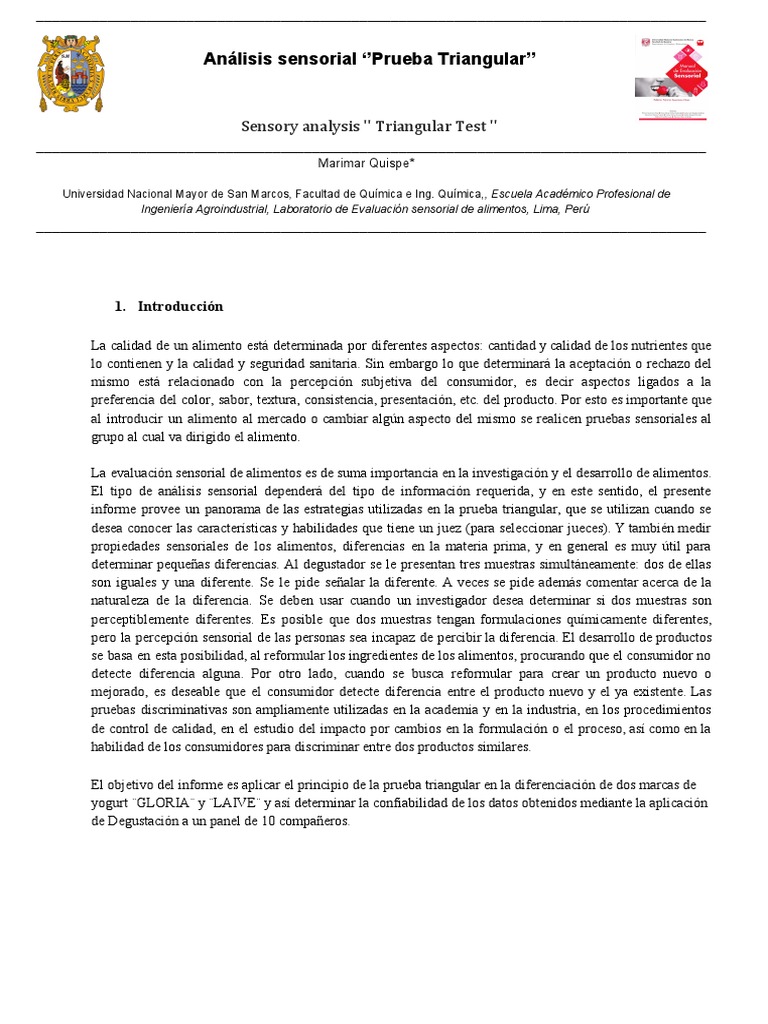 Informe 3. Prueba Triangular 1 | PDF | Alimentos | Percepción