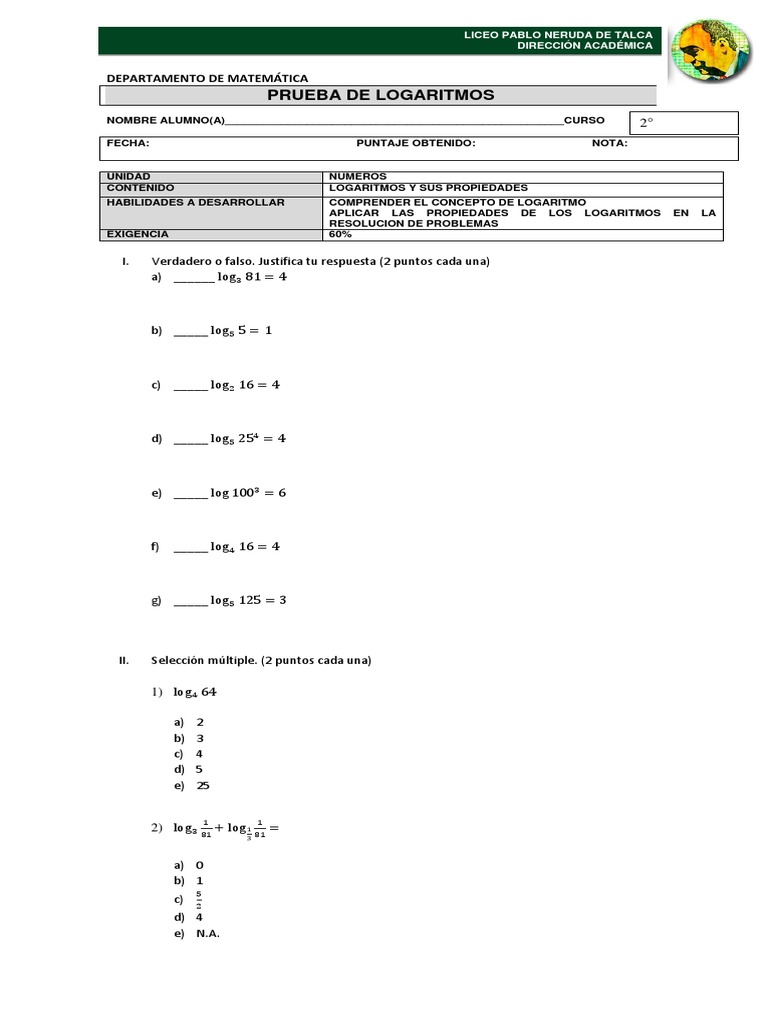Prueba Logaritmos Segundo Medio | PDF | Logaritmo | Enseñanza de matemática