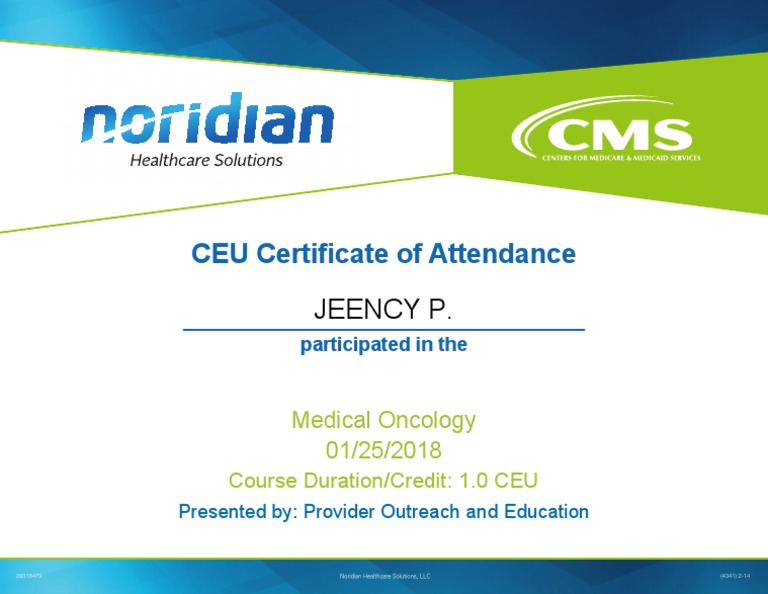 CEU Certificate Medical Oncology | PDF