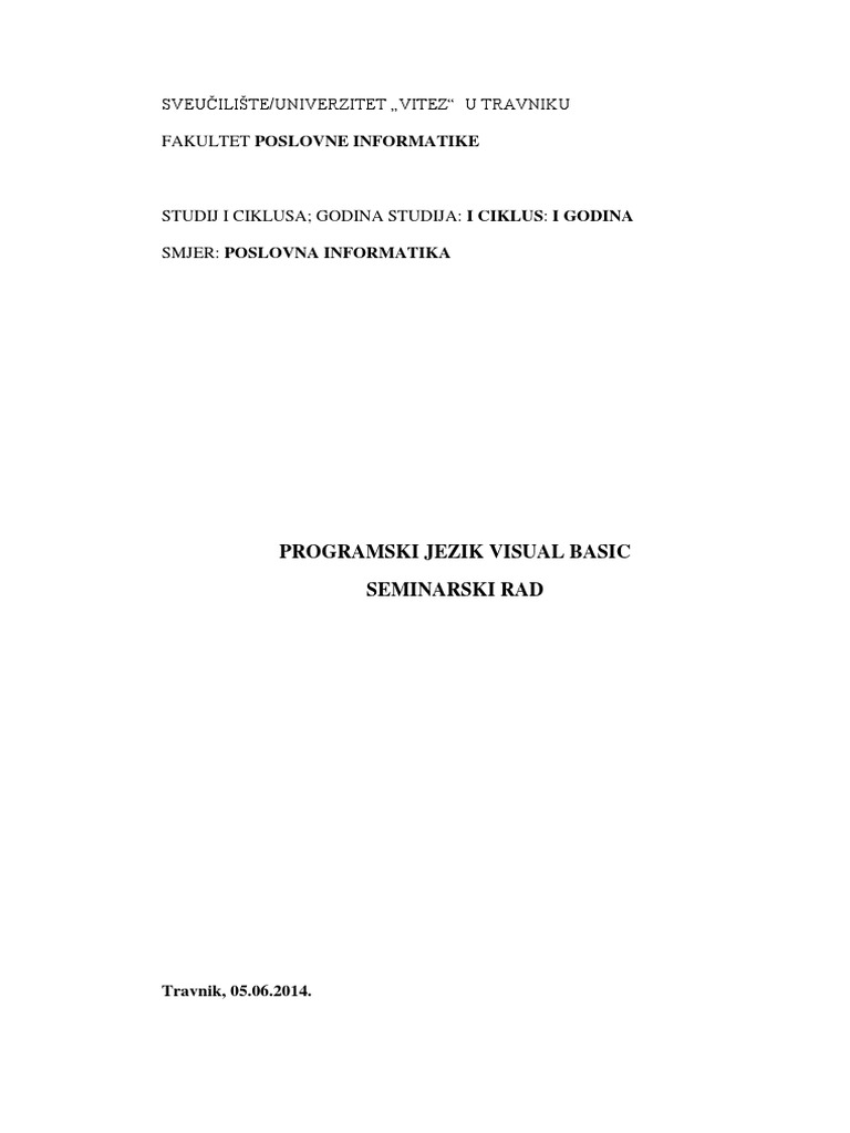 Seminarski Rad - Programski Jezik Visual Basic | PDF