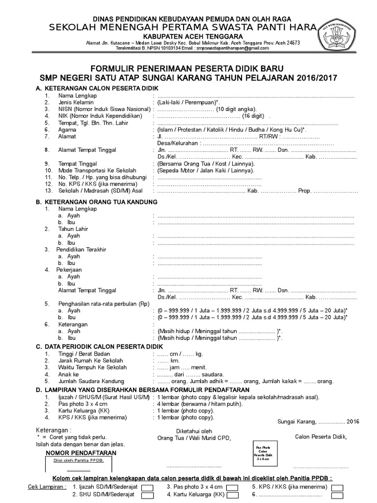 Contoh Formulir PSB SMP Tahun 2016. Dadang JSN | PDF