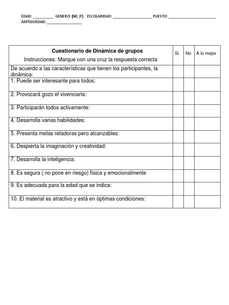 Cuestionario para Dinámicas Grupales | PDF