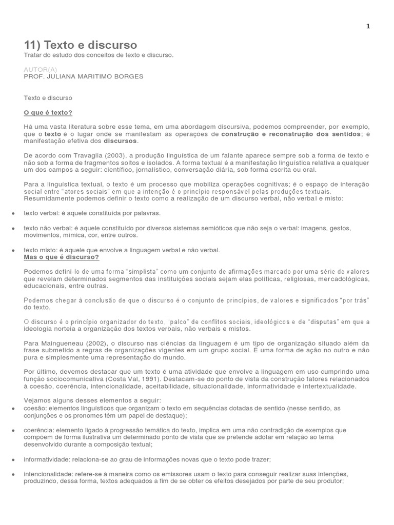 11) Texto e Discurso | PDF | Discurso | Linguística