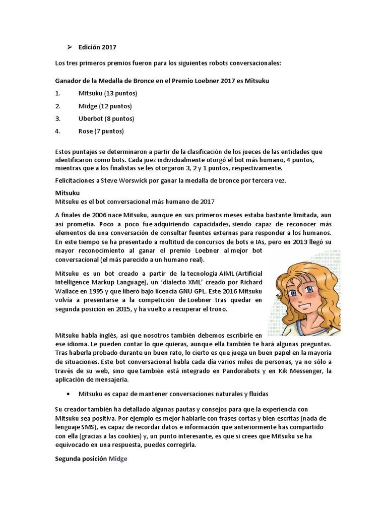 Ganadores del Premio Loebner 2017 | PDF | Internet Bot | ciberespacio