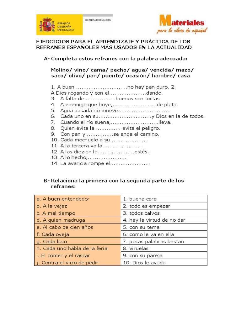 Ejercicios de Refranes Españoles | PDF | Naturaleza