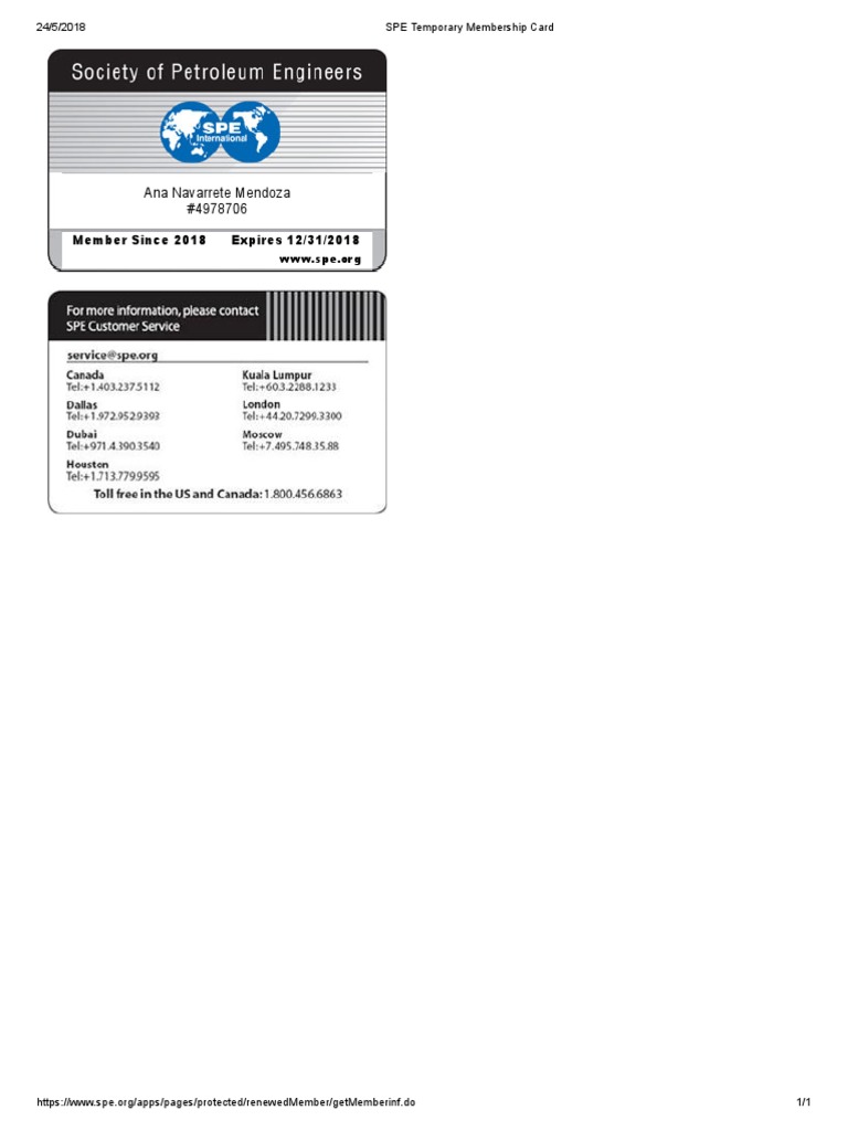 SPE Temporary Membership Card Ana | PDF