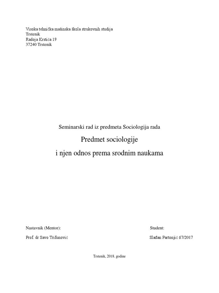 Sociologija Rada Seminarski Rad | PDF