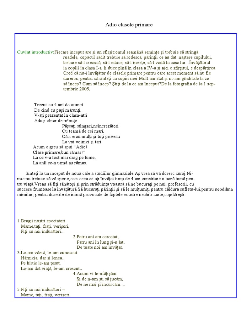 Adio Clasele Primare IV | PDF