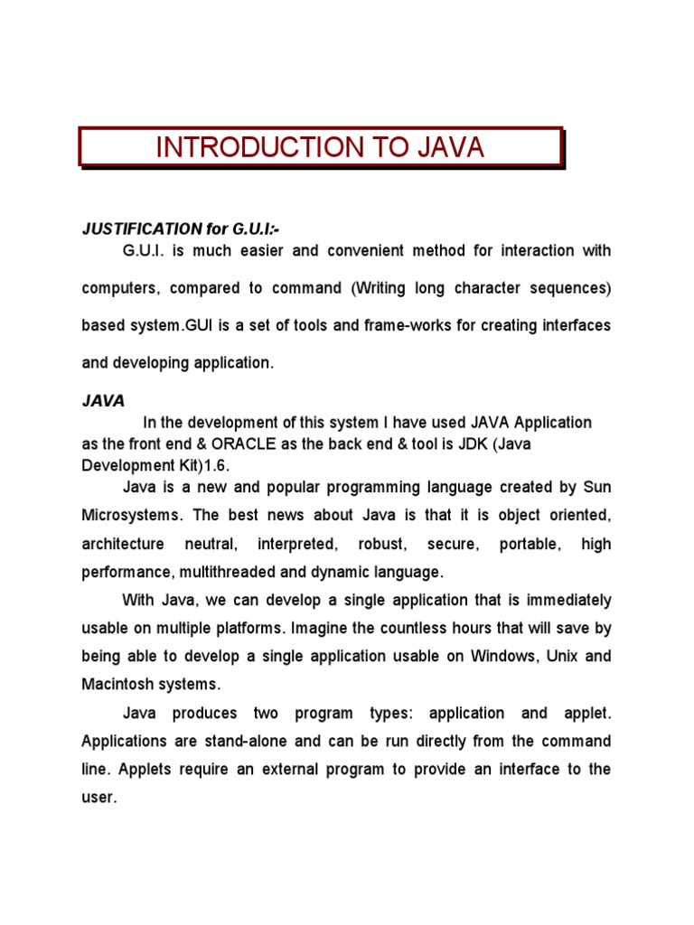 Introduction To Java: Justification For G.U.I | PDF | Java (Programming ...