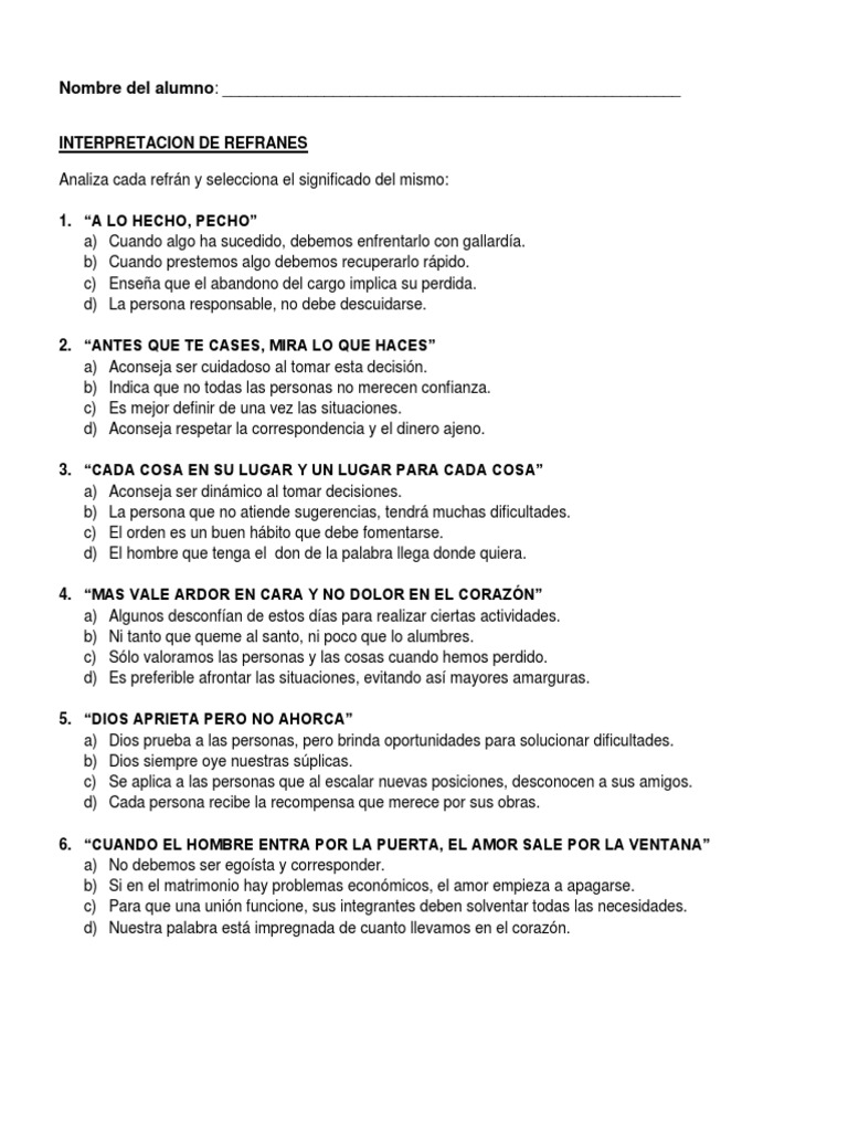 Interpretacion de Refranes | PDF | Amor