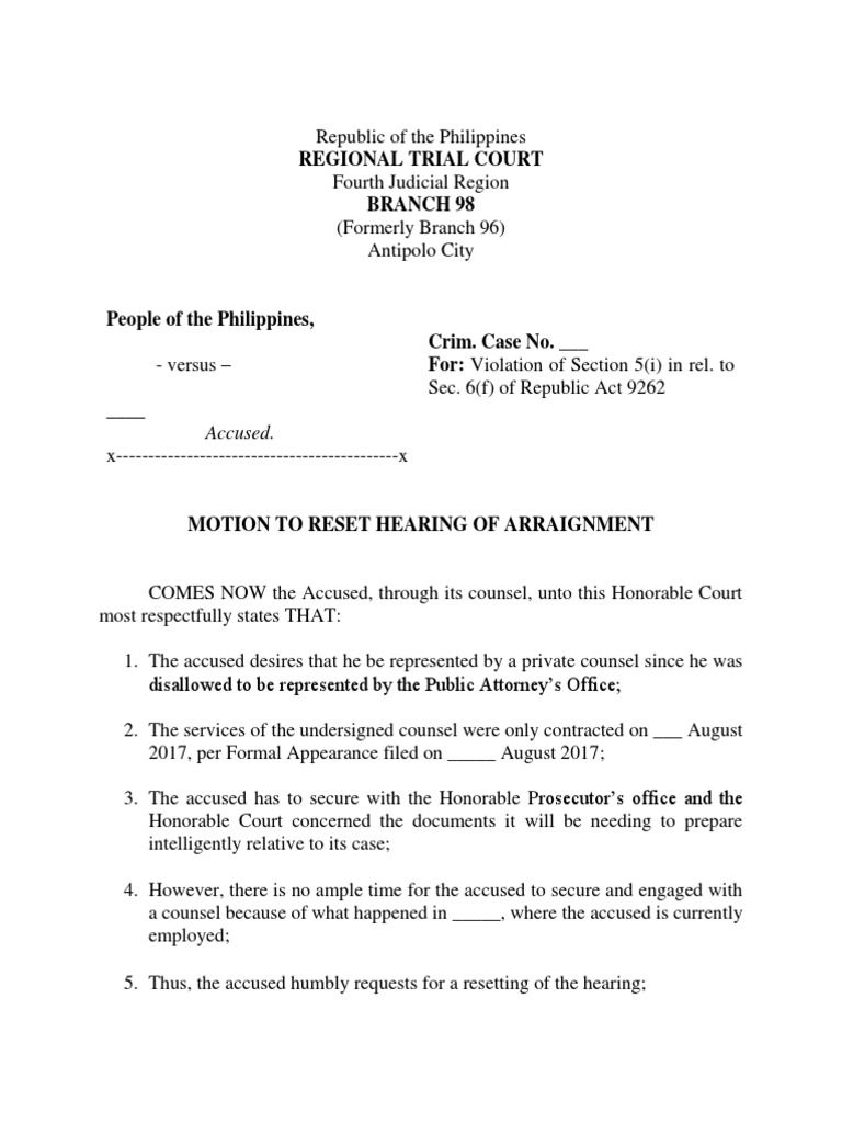 Draft - Motion To Reset | PDF | Arraignment | Courts