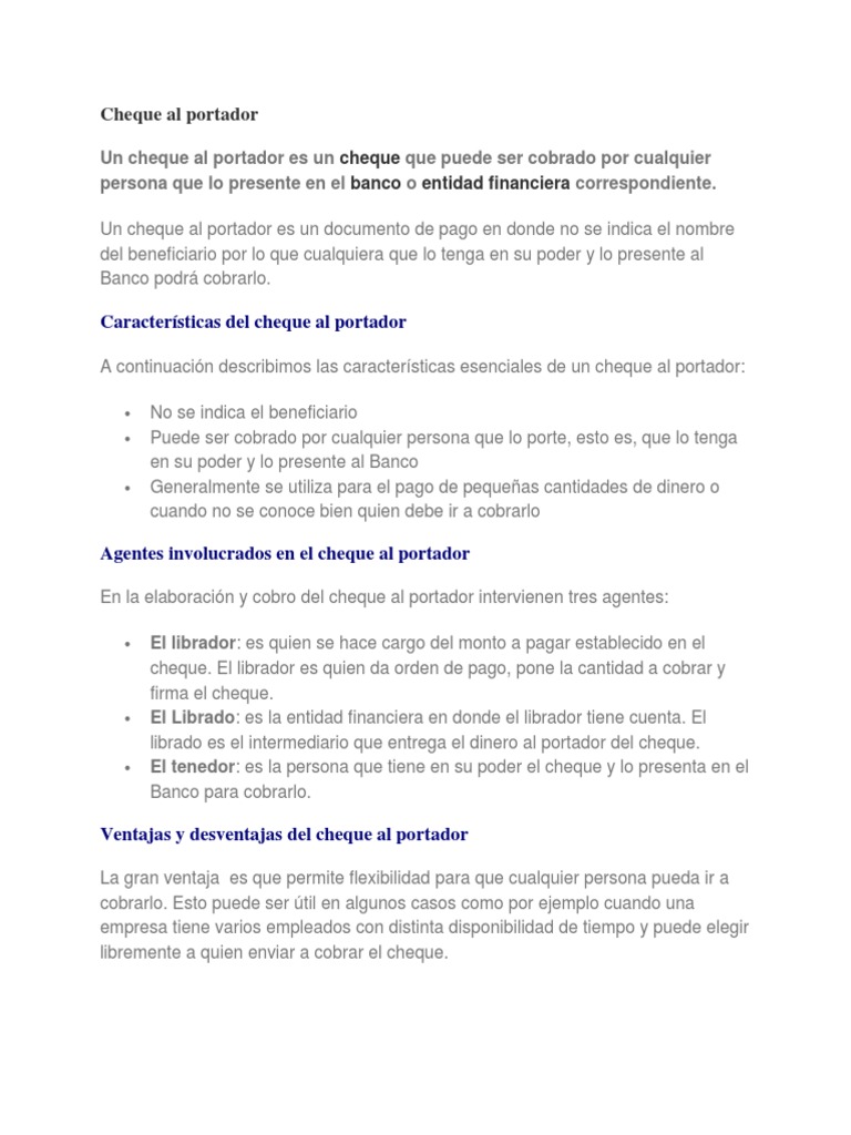 Cheque Al Portador | Descargar gratis PDF | Cheque | Bancario