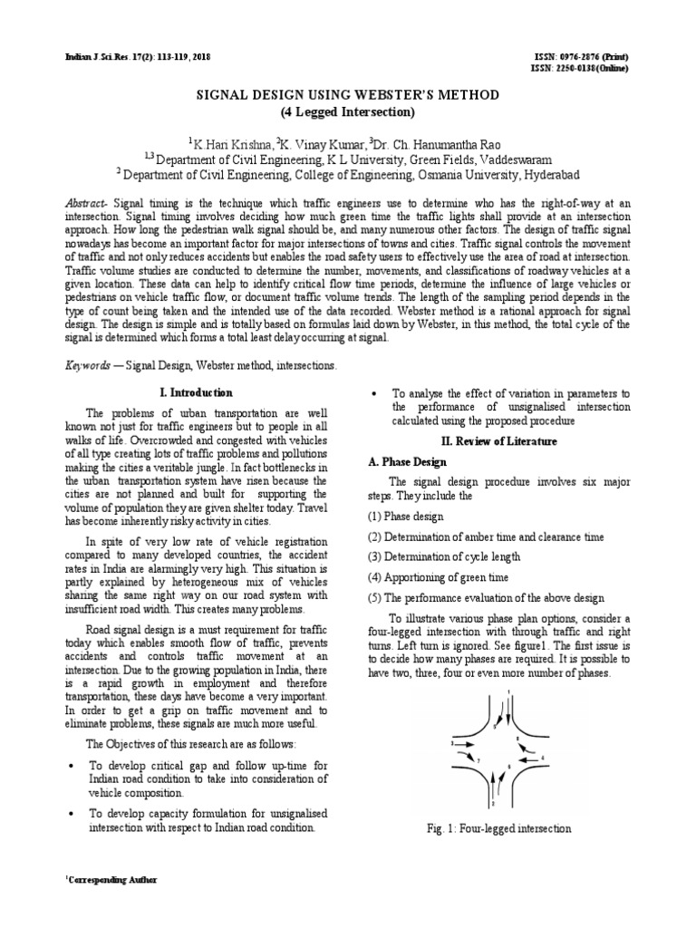 Signal Design Using Webster'S Method (4 Legged Intersection) | PDF ...