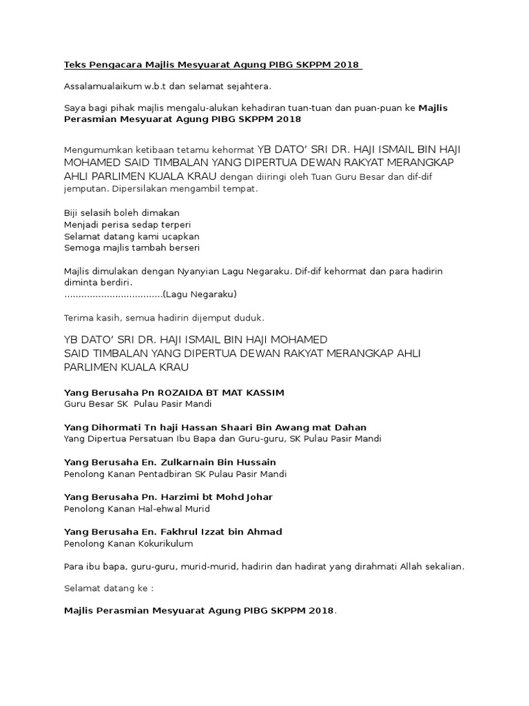 Teks Pengacara Majlis Mesyuarat Agung Pibg 2018 | PDF