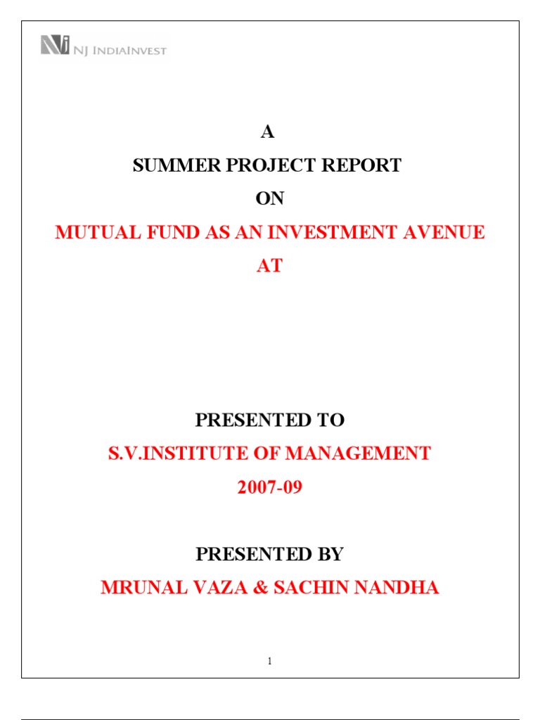 A Summer Project Report ON: Mutual Fund As An Investment Avenue AT ...