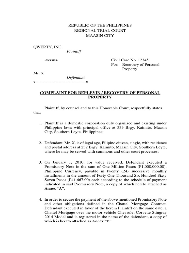 Plaintiff: Complaint For Replevin / Recovery of Personal Property | PDF ...