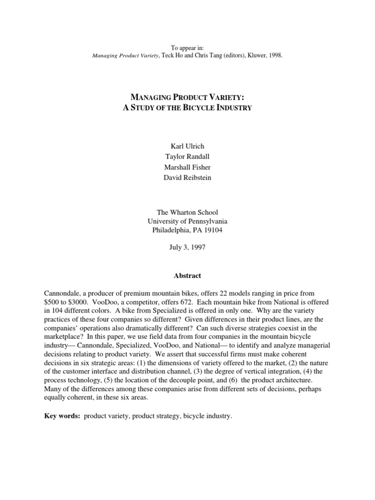 M P V: AS B I: Anaging Roduct Ariety Tudy of The Icycle Ndustry | PDF ...