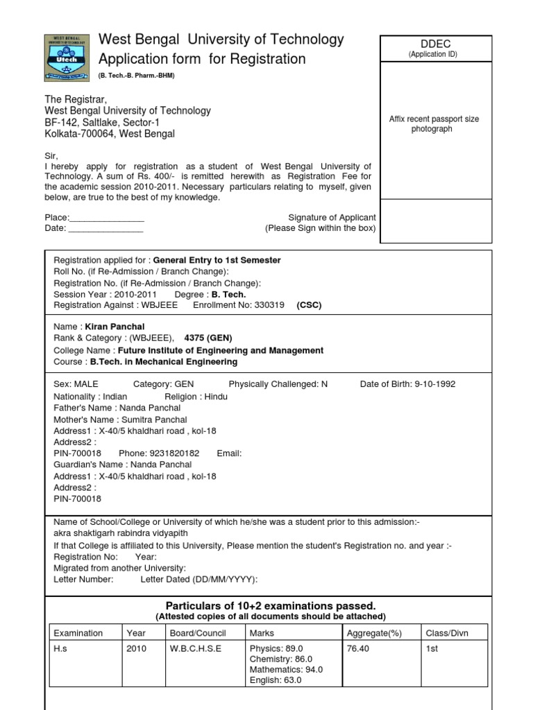 West Bengal University of Technology Application Form For Registration ...