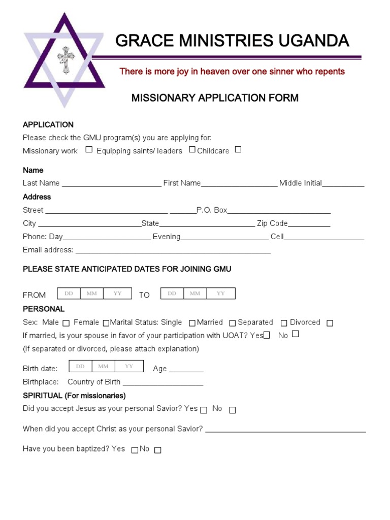 Missionary Application Form | PDF | Christian Denomination | Christian ...