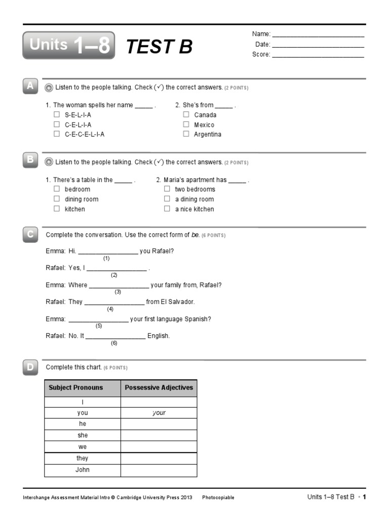 Interchange Final Test B Intro Units 1 8 1 PDF | PDF | Linguistics | Syntax