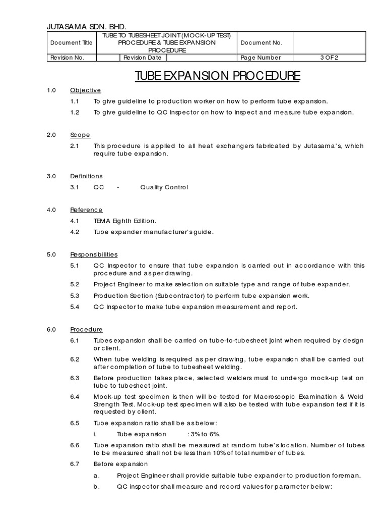 Tube Expansion Procedure: Jutasama Sdn. BHD | PDF | Welding | Construction