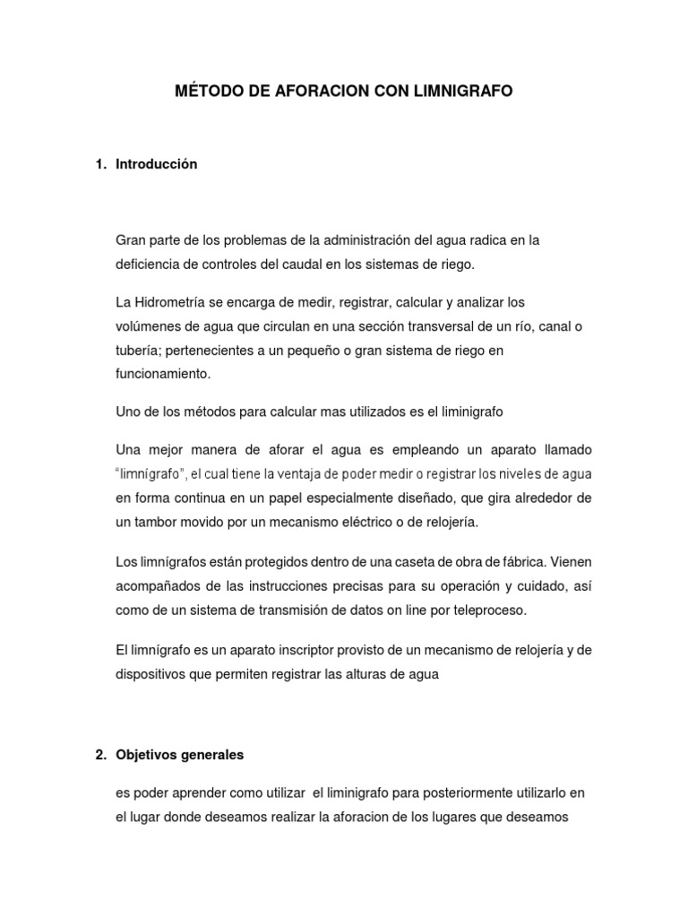 Uso del Limnígrafo en Hidrometría | PDF | Medición | Riego