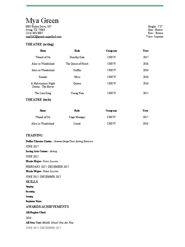Mya Green: Theatre Resume & Skills | PDF