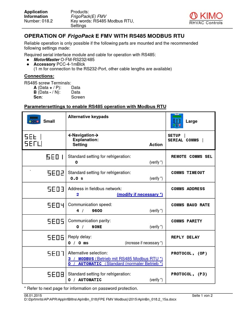 Operation of Frigopack E FMV With Rs485 Modbus Rtu: Connections | PDF | Password | Physical ...